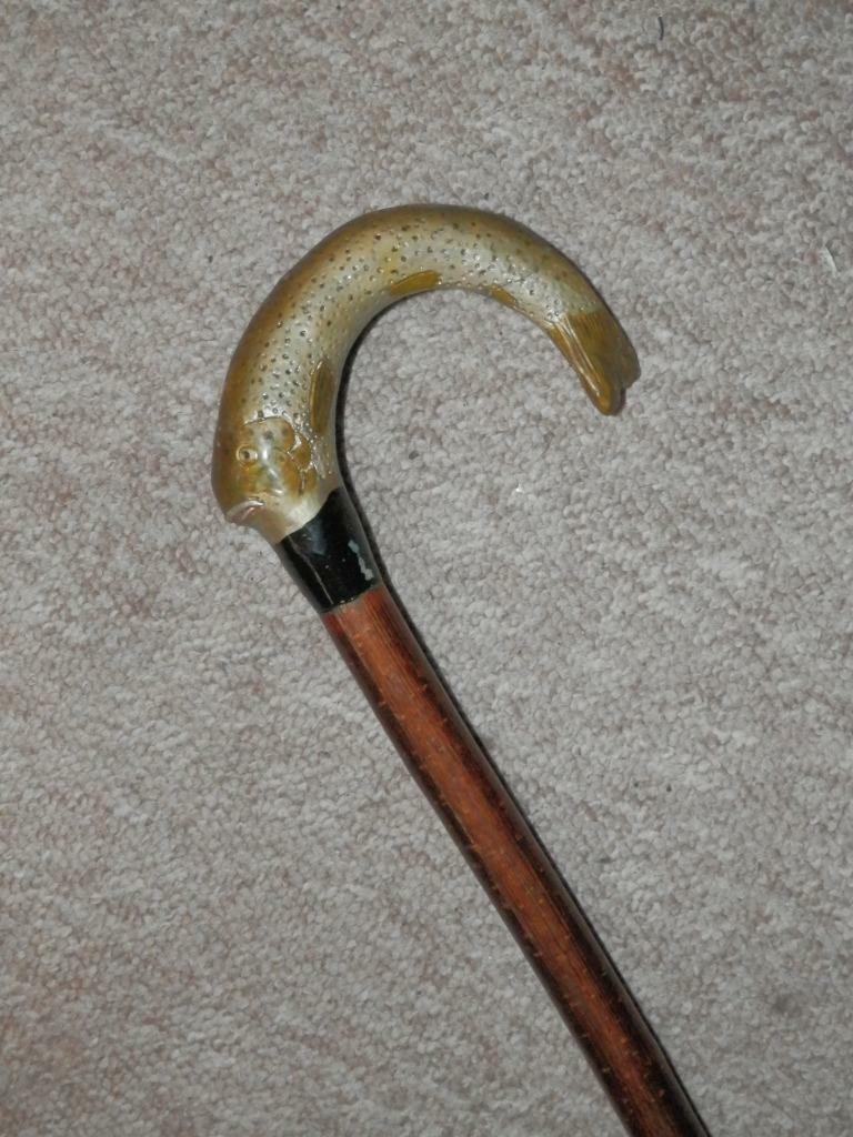 Antique Birch Walking Stick/Cane With Hand-Carved Salmon Fish Handle ...