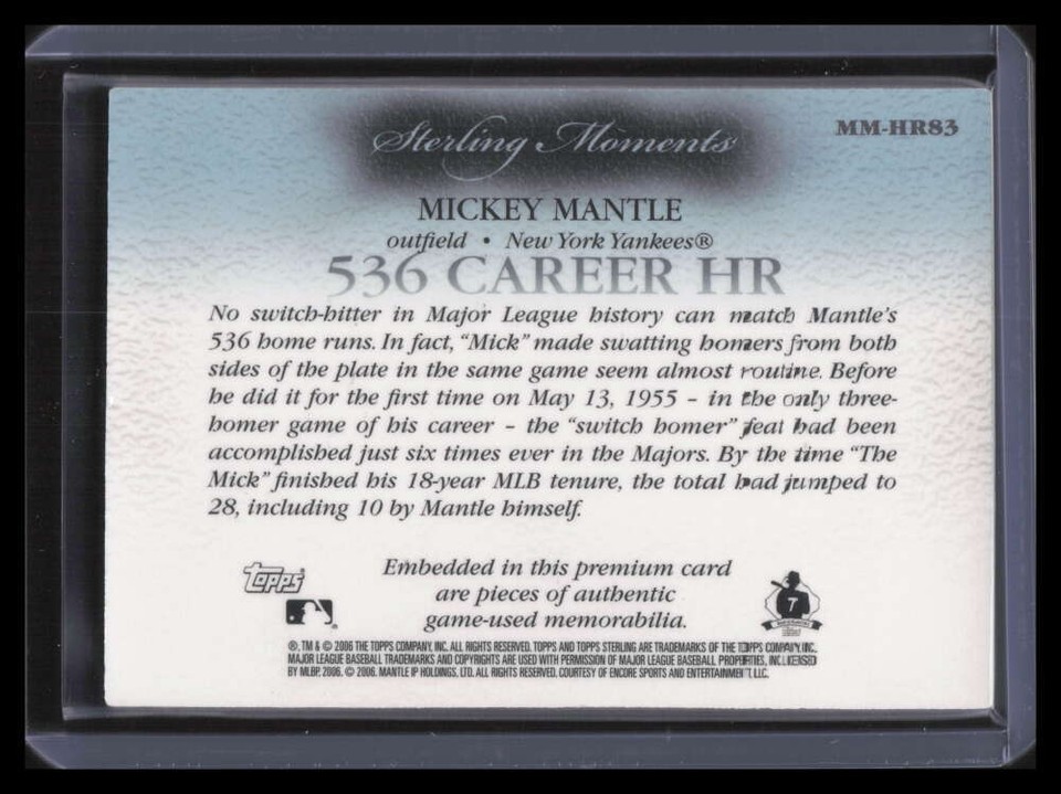 2006 Topps Sterling Moments Relics mmhr83 Mickey Mantle Quad Bat Jersey ...