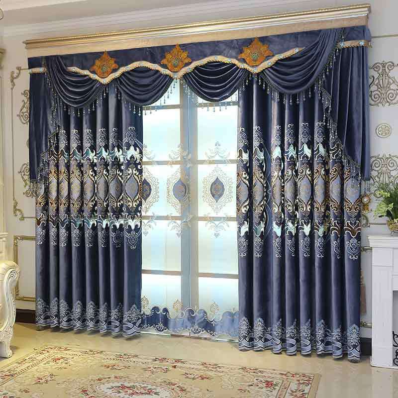 high-end atmosphere embroidered blue cloth blackout curtain valance ...