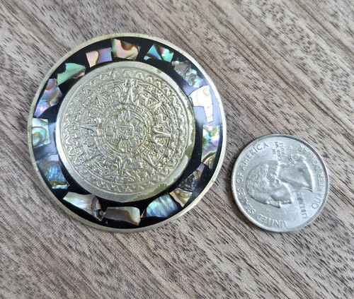 Vintage Aztec Shell Brooch Pin Pendant Mayan Calendar Silver Alpaca ...