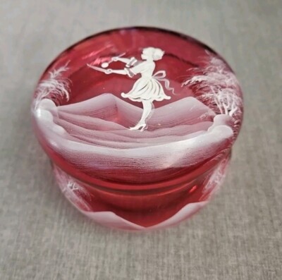 MARY GREGORY CRANBERRY GLASS TRINKET POWDER BOX COVERED JAR ENAMEL ...