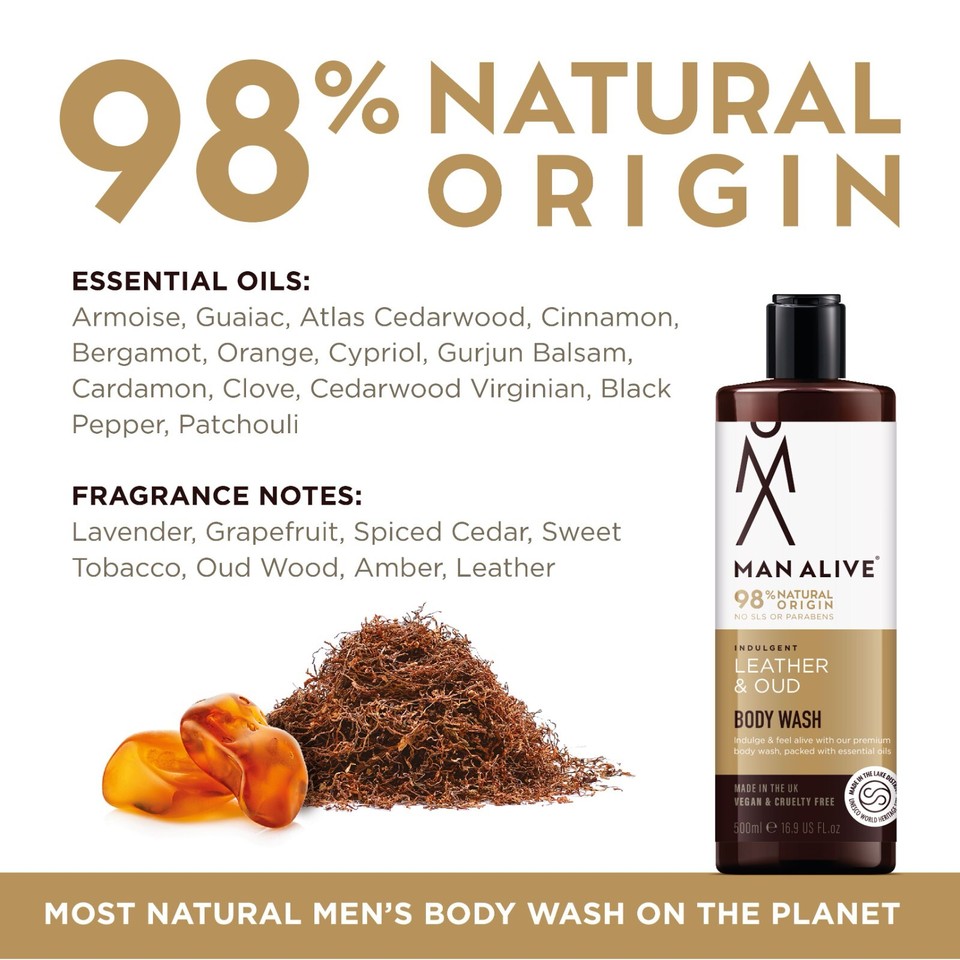 MAN ALIVE Shower Gel for Men, 500ml Body Wash & Face Wash 98% Natural ...