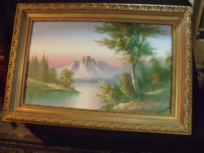 VINTAGE C. HELEN OIL PAINTING SET IN 45" BY 30" ORNATE ANTIQUE ROCOCCO ...