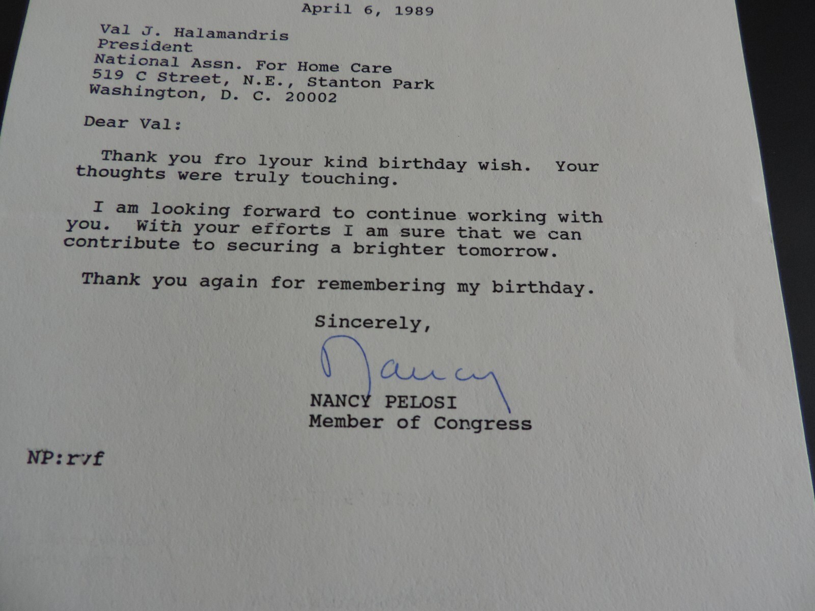 NANCY PELOSI AUTOGRAPH / SIGNED LETTER APRIL 1989 HOUSE OF ...