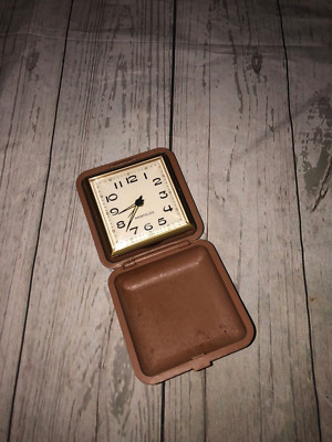 Vintage Westclox Travel Alarm Clock Wind-up Suitcase Brown Case Analog ...