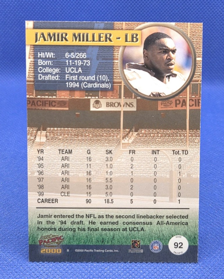 2000 Pacific Premiere Date Jamir Miller #92 Football Card 68/78 ...
