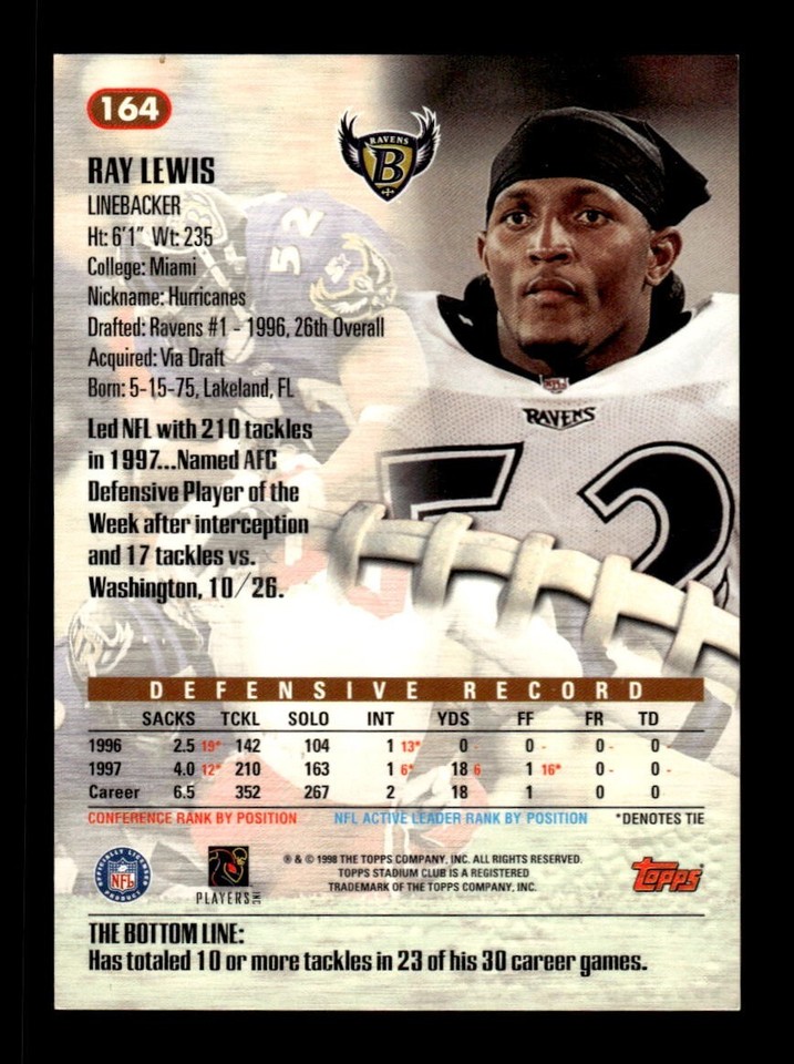 1998 TOPPS STADIUM CLUB #164 RAY LEWIS | eBay