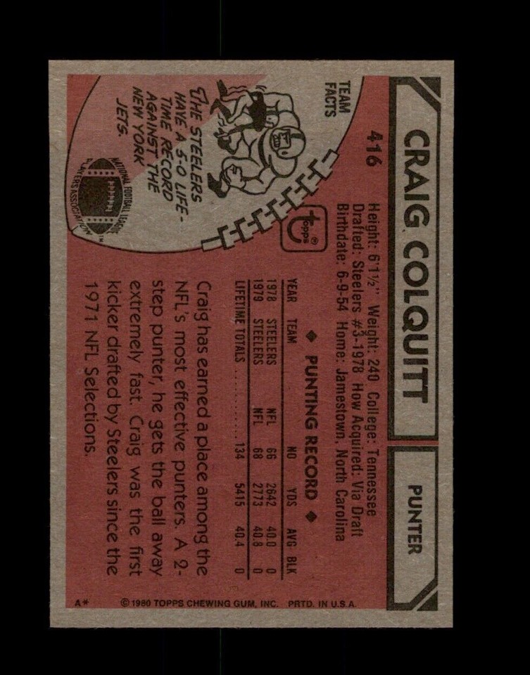 1980 Topps Football SET BREAK #416 Craig Colquitt NM or Better | eBay