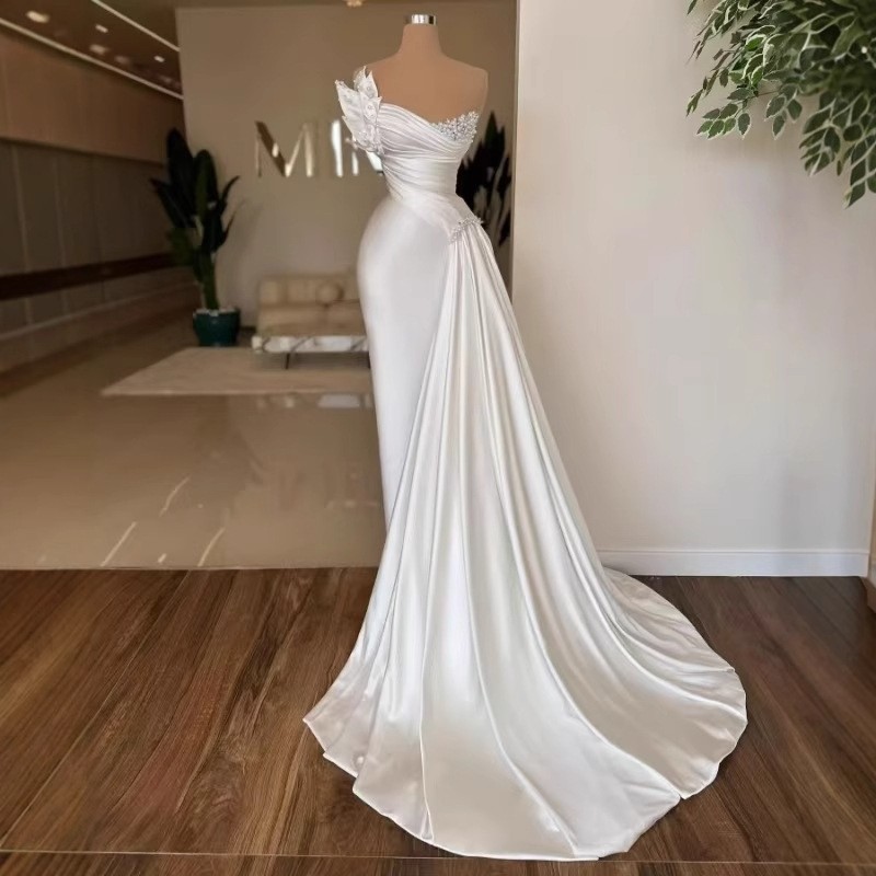 White Graceful Satin Simple Lightweight Wedding Dress Long Dress ...