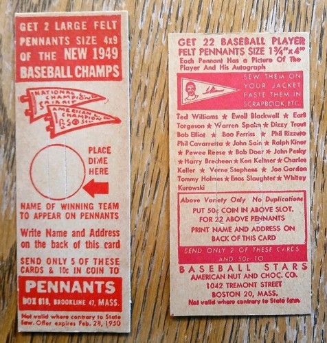 1949-1950 American Nut and Chocolate Baseball Pennant Order Cards (2 ...