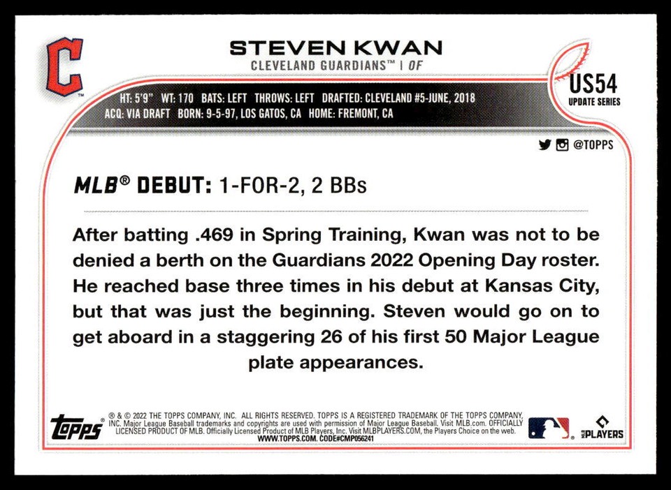 2022 Topps Update #US54 Steven Kwan | eBay