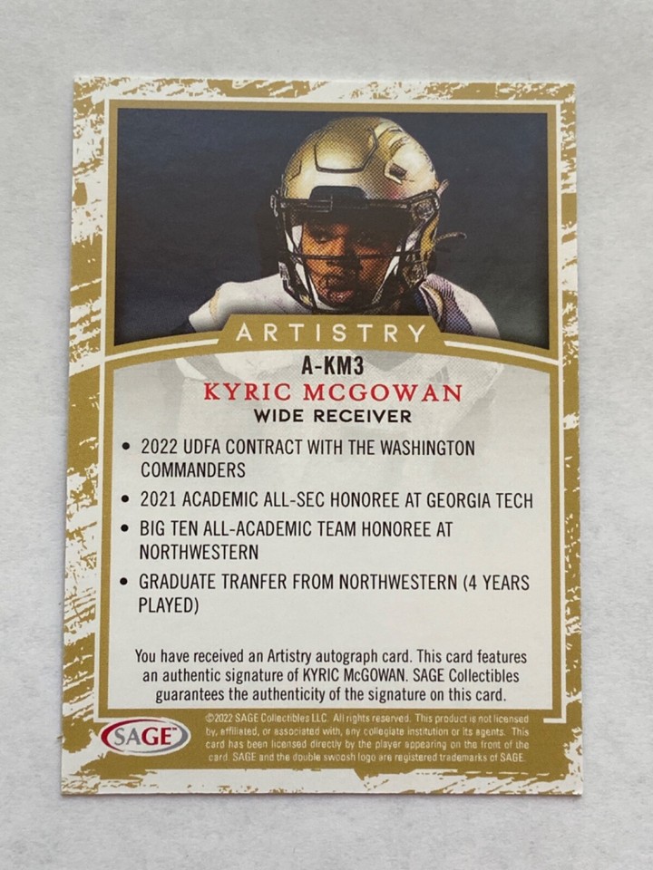 2022 SAGE Artistry Autograph White/Black Border Kyric McGowan RC Rookie ...