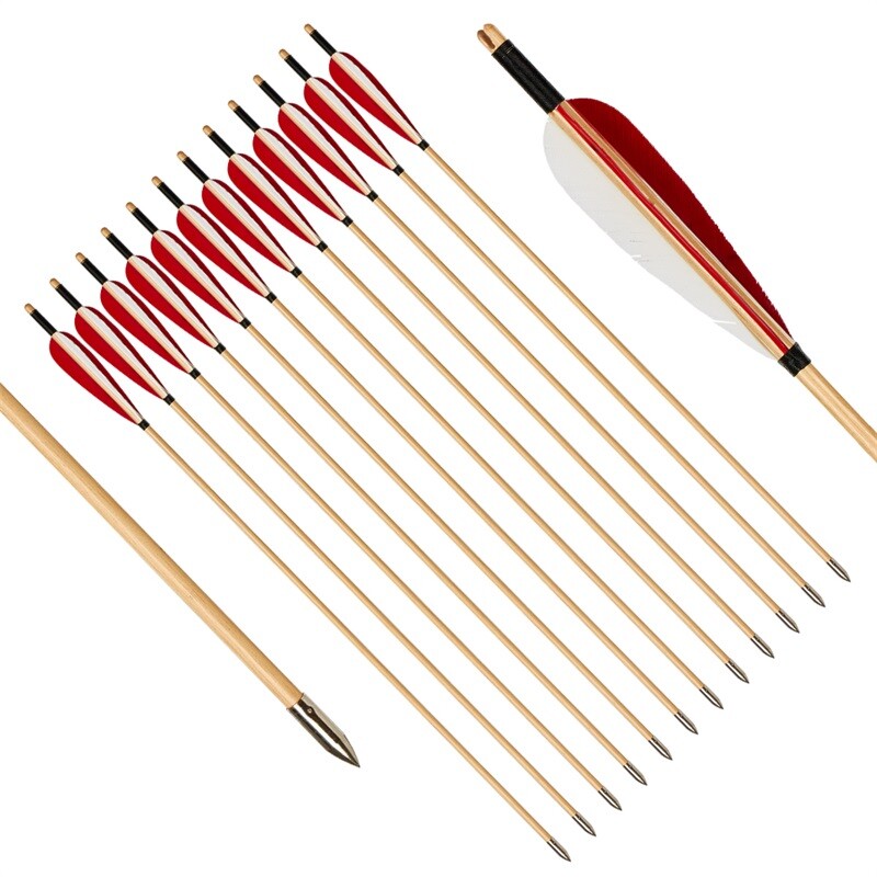 Archery 31" Wooden Arrows Traditional Arrows 5 inch Feather for Long ...
