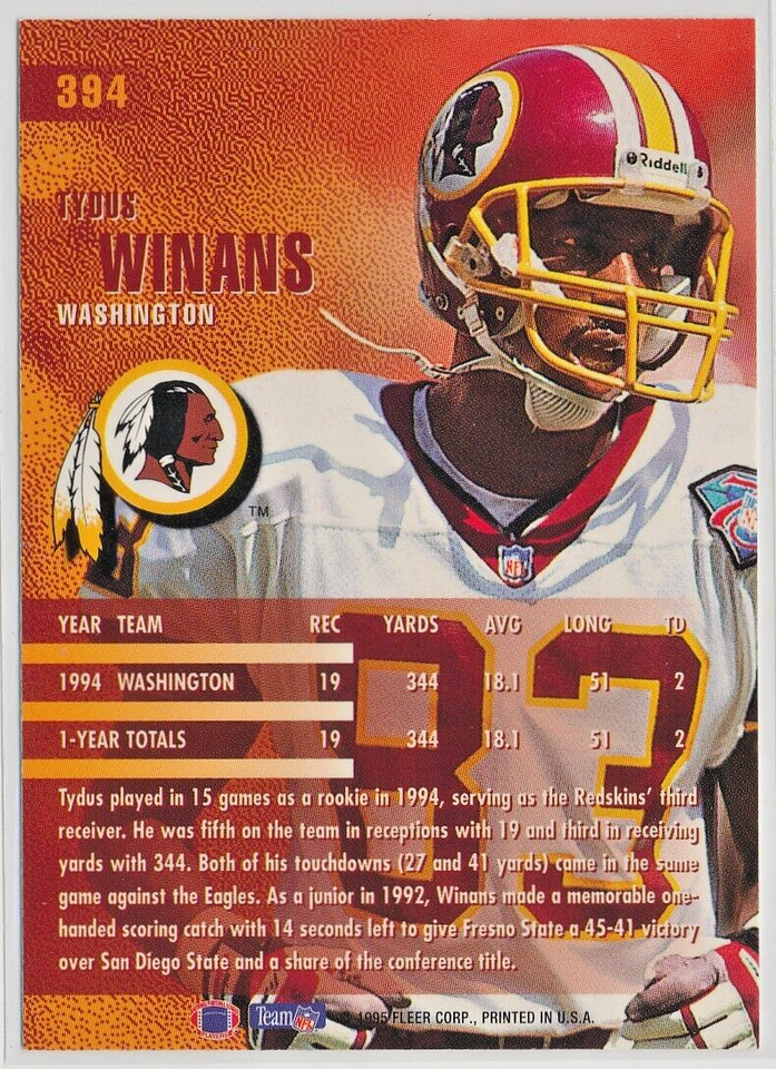 1995 Fleer Football - Tydus Winans - Washington Redskins - Base - #394 ...