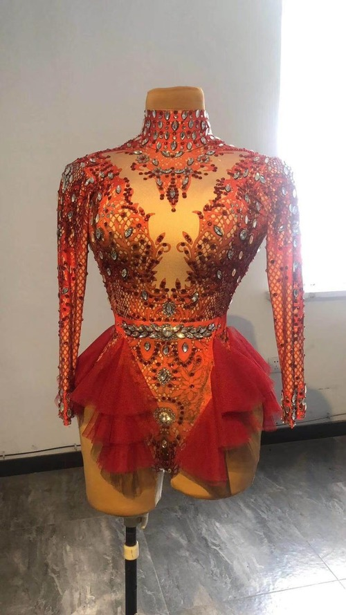 Rhinestone Ruffle Bodysuit Nightclub Prom Bar Concert Costume Show ...