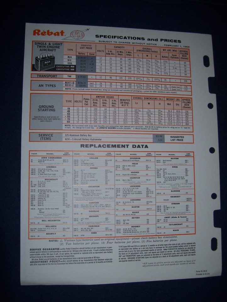 Vintage Rebat Aircraft Battery Spec and Price Sheet R-116-E | eBay