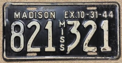 1944 Madison County Mississippi License Plate Vintage WW2 Year 821-321 ...