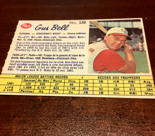 1962 Post Canadian #120 Gus Bell Cincinnati Reds RARE!! | eBay