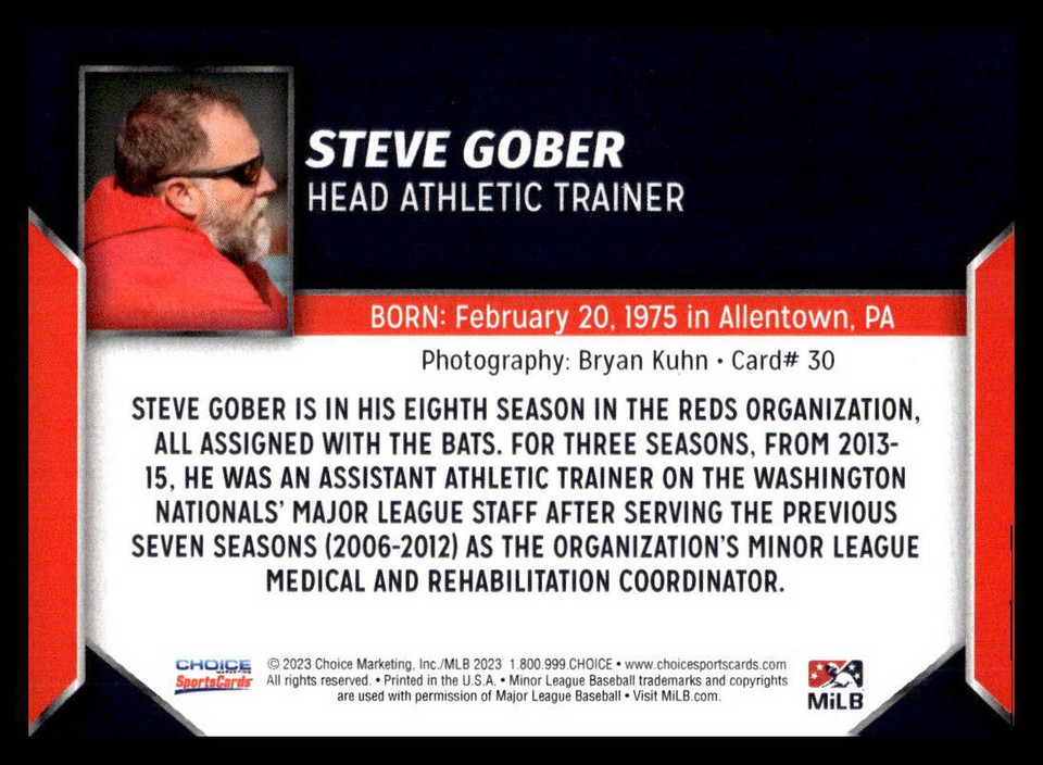 2023 Choice Steve Gober Athletic Trainer Team Card 30 Louisville Bats ...