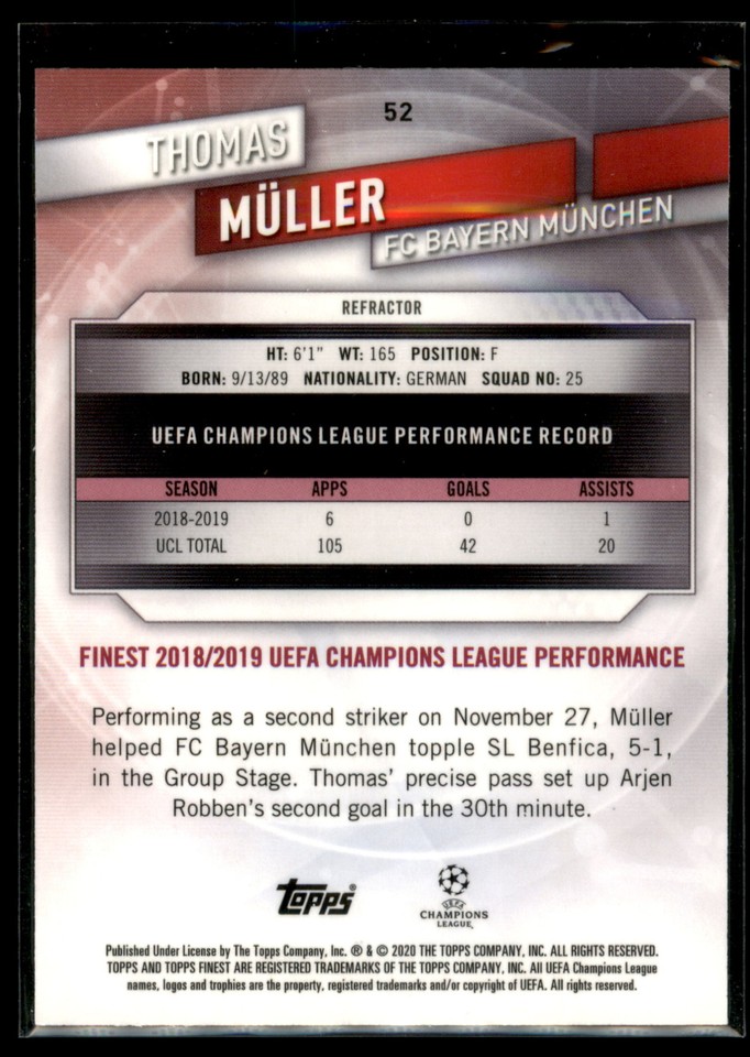 2019-20 Topps Finest UEFA Champions League REFRACTOR #52 Thomas Muller ...