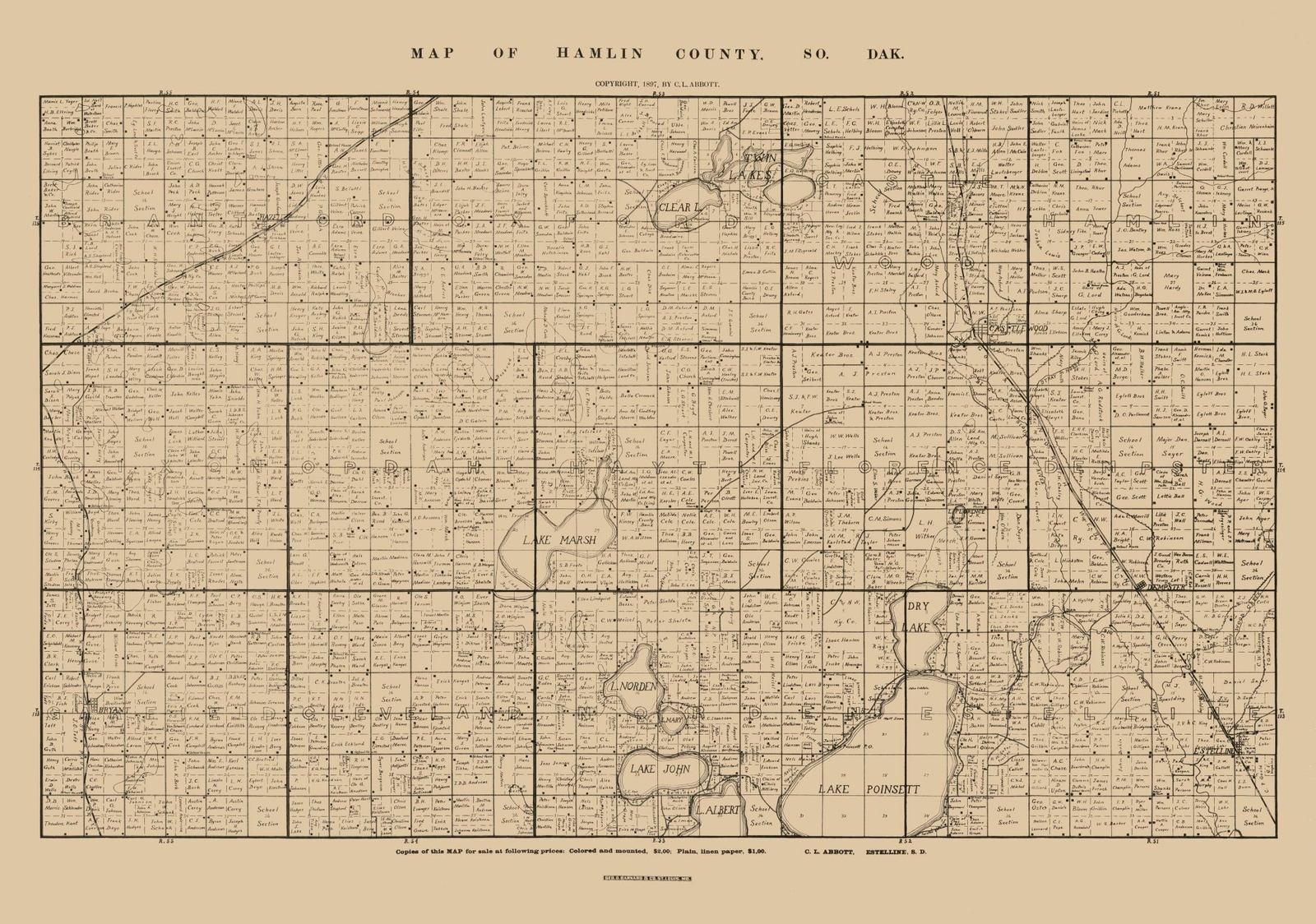 Historic County Map - Hamlin County South Dakota - Abbott 1897 - 32.73 ...