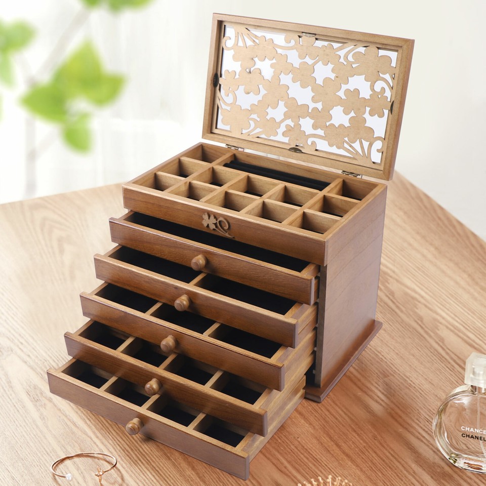 Vintage Large Jewelry Organizer Wooden Storage Box 6 Layers Case +5 ...