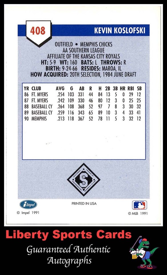 1991 Impel Kevin Koslofski #408 Authentic Autographed Card Memphis ...