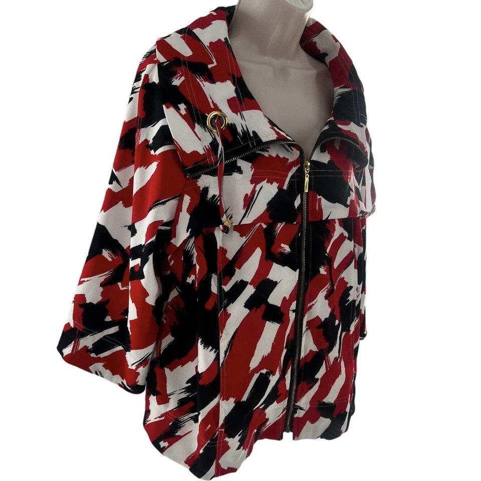 Erin London Womens Jacket Red Black White Wide Collar Zippered Full ...