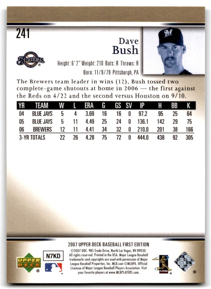 2007 Upper Deck First Edition Dave Bush Baseball Cards #241 | eBay