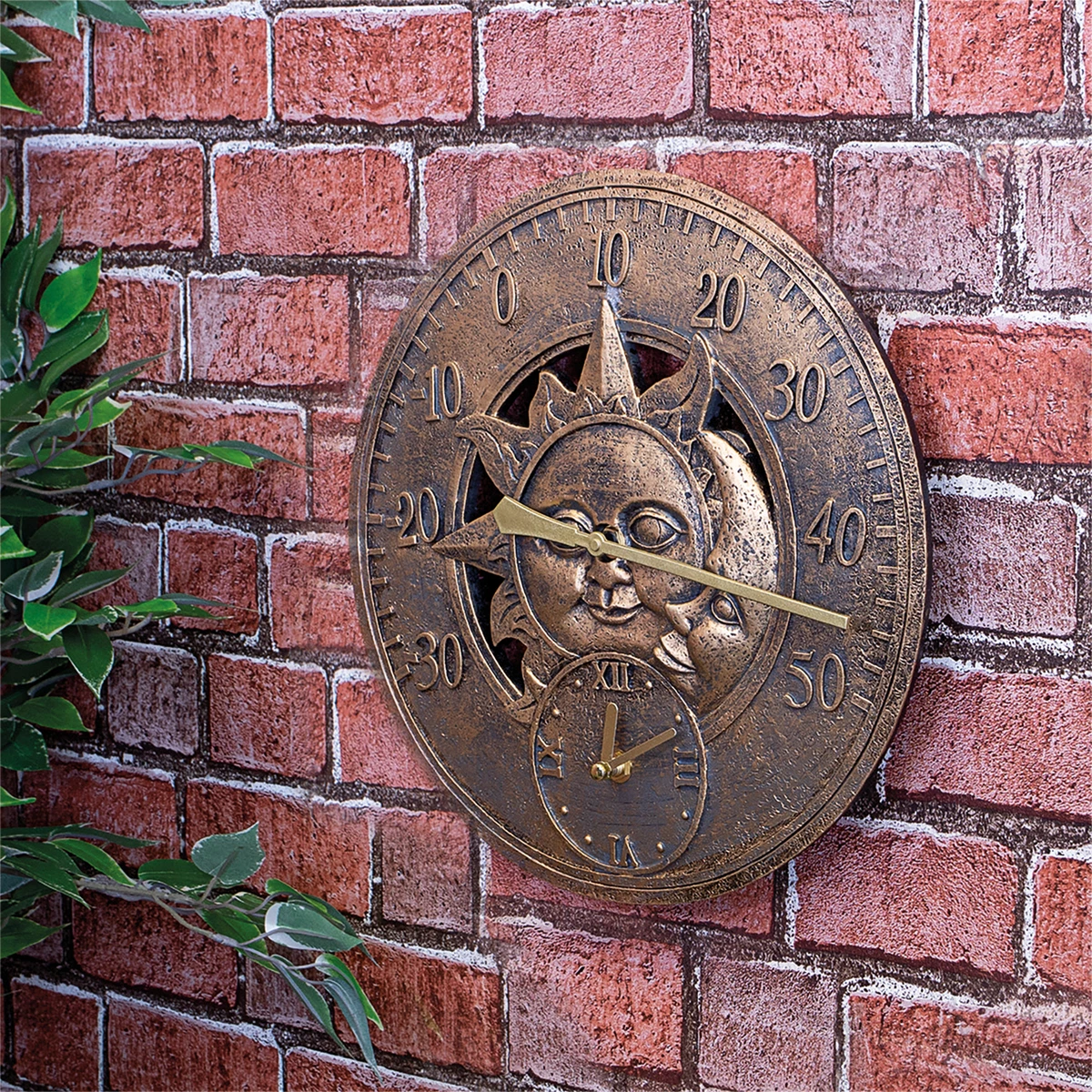 Sun And Moon Outdoor Garden Thermometer With Clock | Fasci Garden