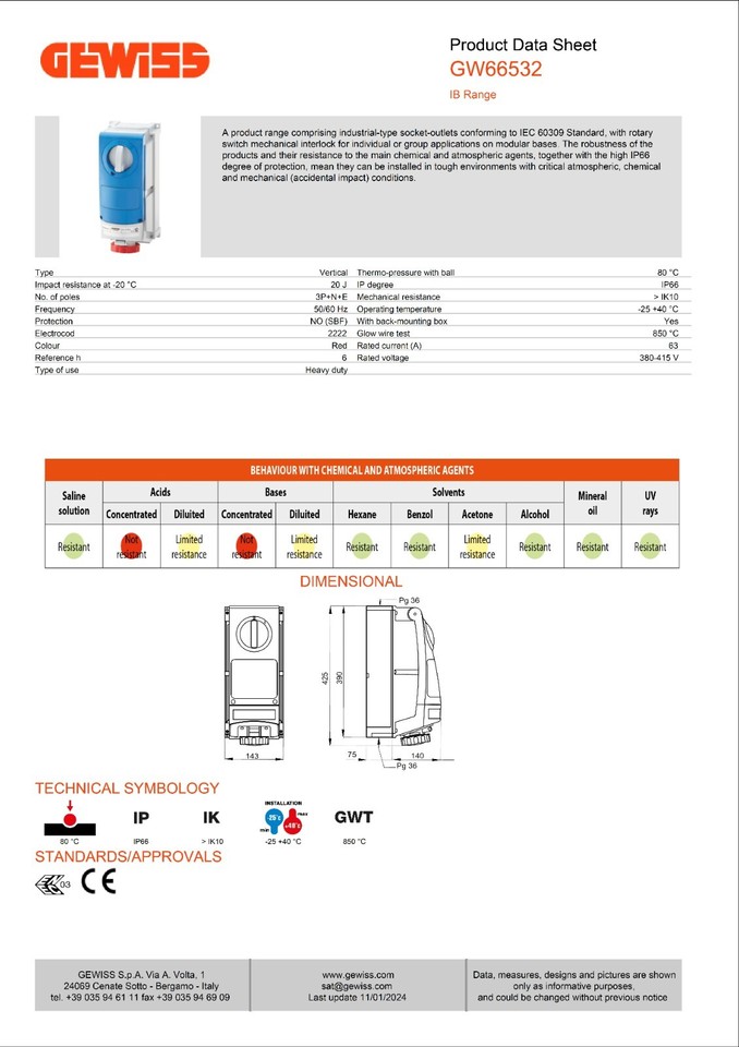 GEWISS GW66532 Vertical Interlocked Switched Socket, 63A, 3P+N+E, 240 ...