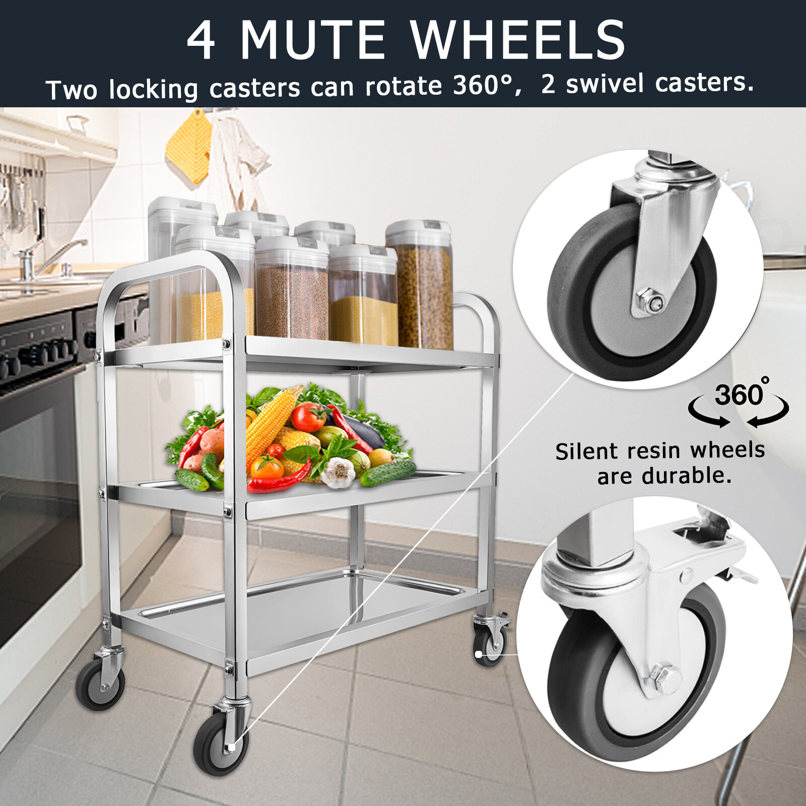 Minneer 3Tier Stainless Steel Kitchen Cart Rolling Storage Shelf ...