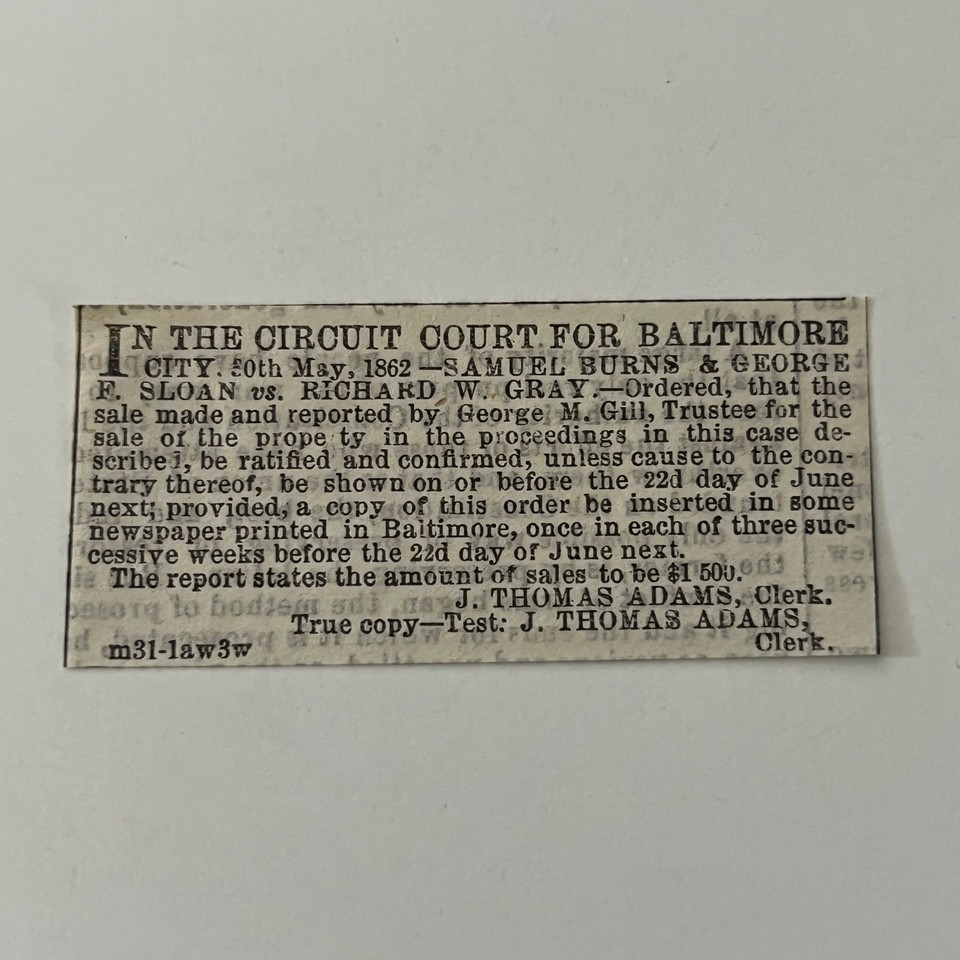 Samuel Burns G Sloan Vs Richard Gray 1862 Civil War Baltimore Clipping ...