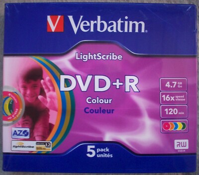 VERBATIM DVD+R 4.7Gb 16x Lightscribe COLOUR 43658 recordable blank ...