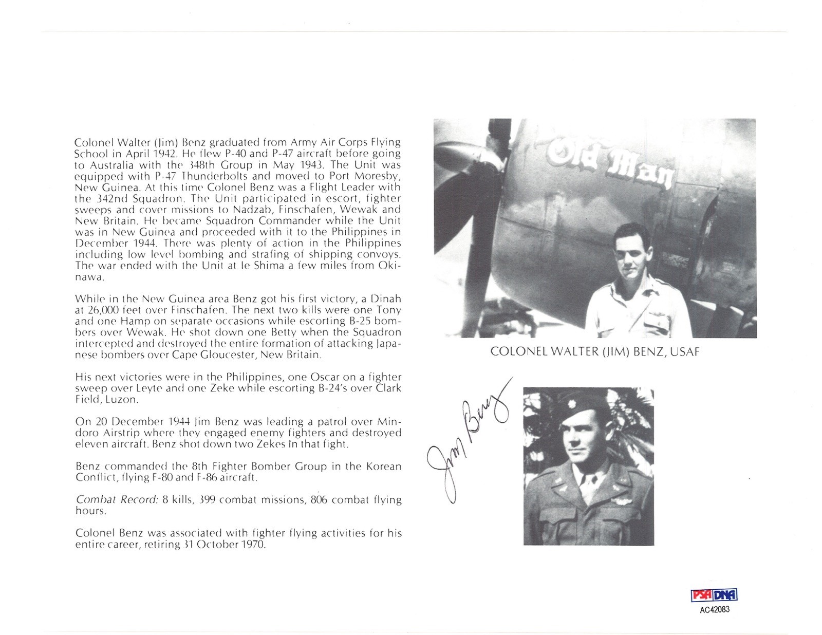 WALTER BENZ SIGNED 8X10 (D) PSA DNA AC42083 WWII ACE 8V | eBay