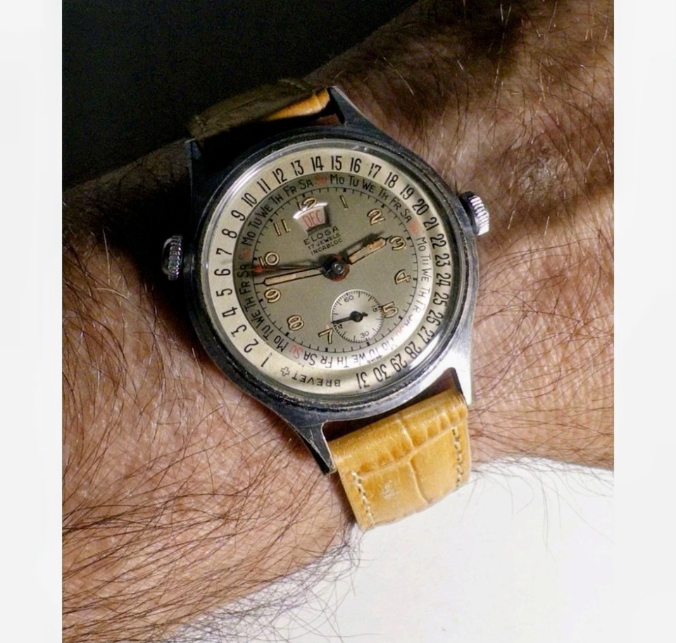 Vintage Eloga Triple Date " date o graph" Pointer 37mm Steel Back Metal ...