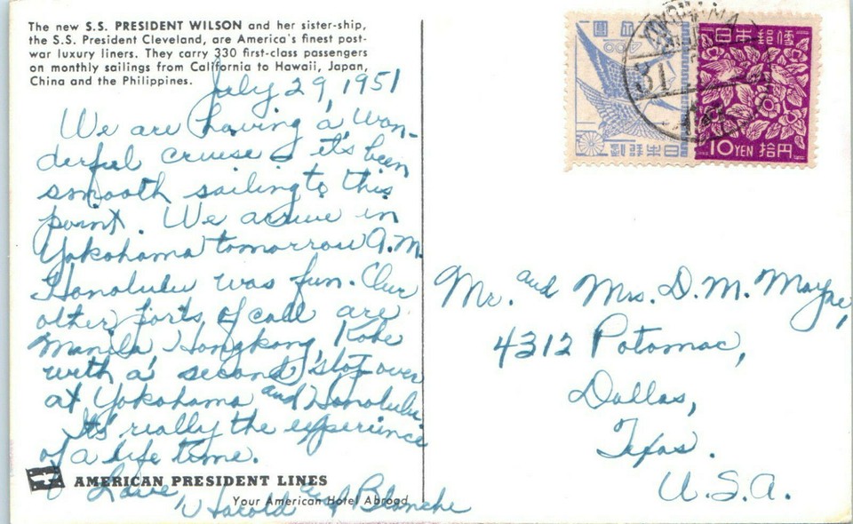 1950s SS President Wilson Luxury Liner Steam Ship Postcard | eBay