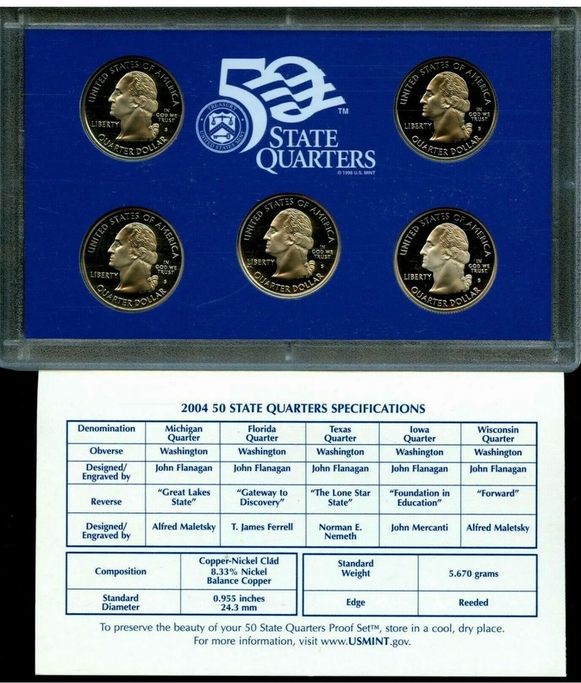 2004 S PROOF Quarters Set in Original Box US Mint with COA (25c 5 Coin ...