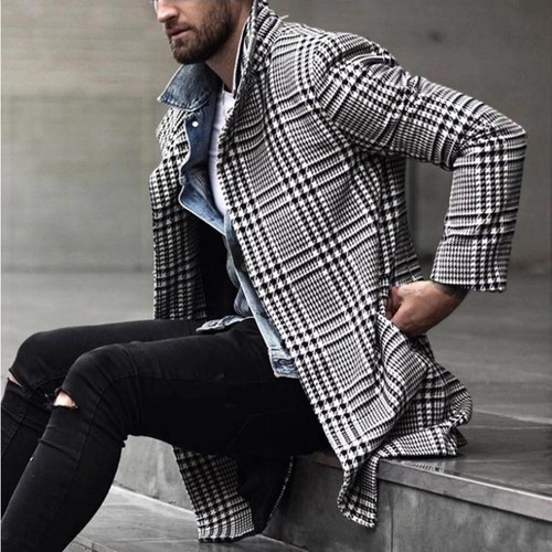 Men Overcoat Button Windproof Coldproof Checkered Trench Coat Super ...