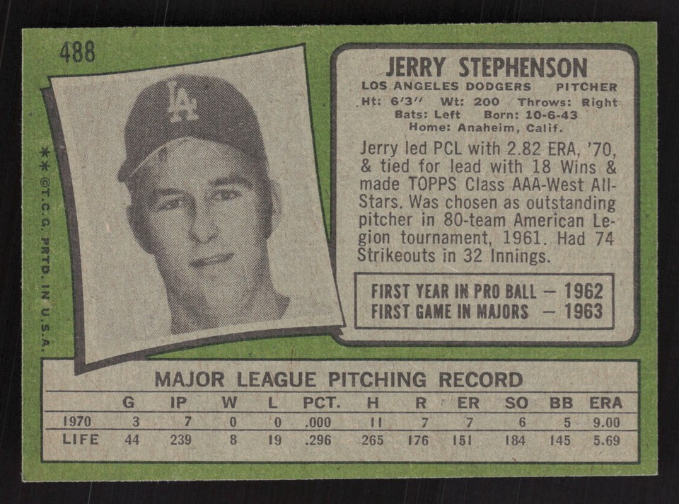 Jerry Stephenson 1971 Topps #488 Los Angeles Dodgers VG-EX |0430 | eBay