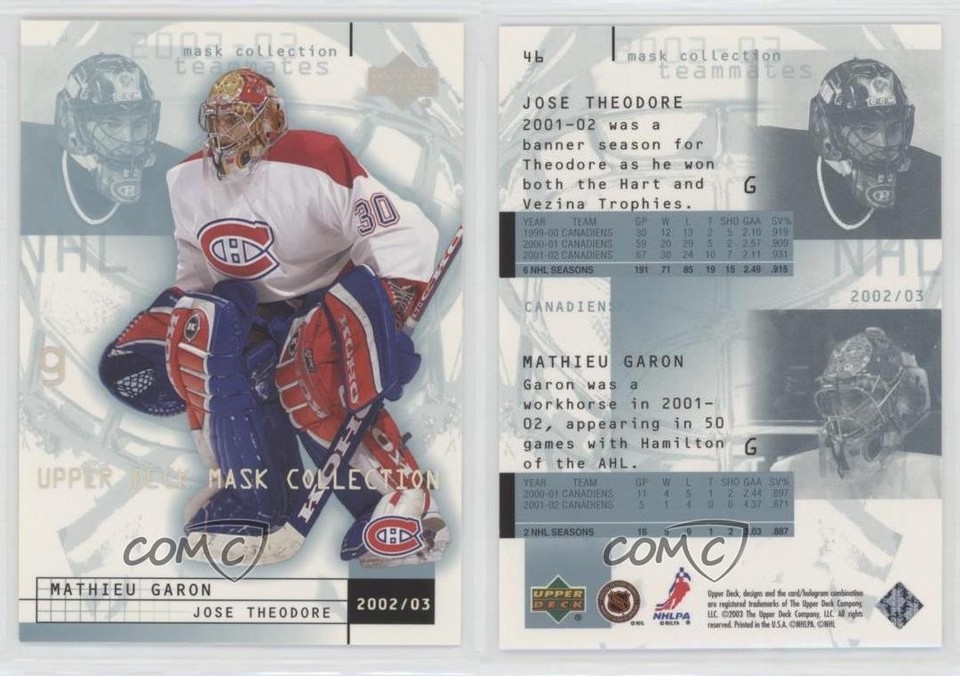 2002 Upper Deck Mask Collection Teammates Jose Theodore Mathieu Garon ...