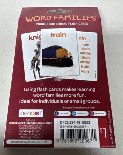 1 pack of Word Families Flash Cards 36 count Bendon Phonics And Reading ...