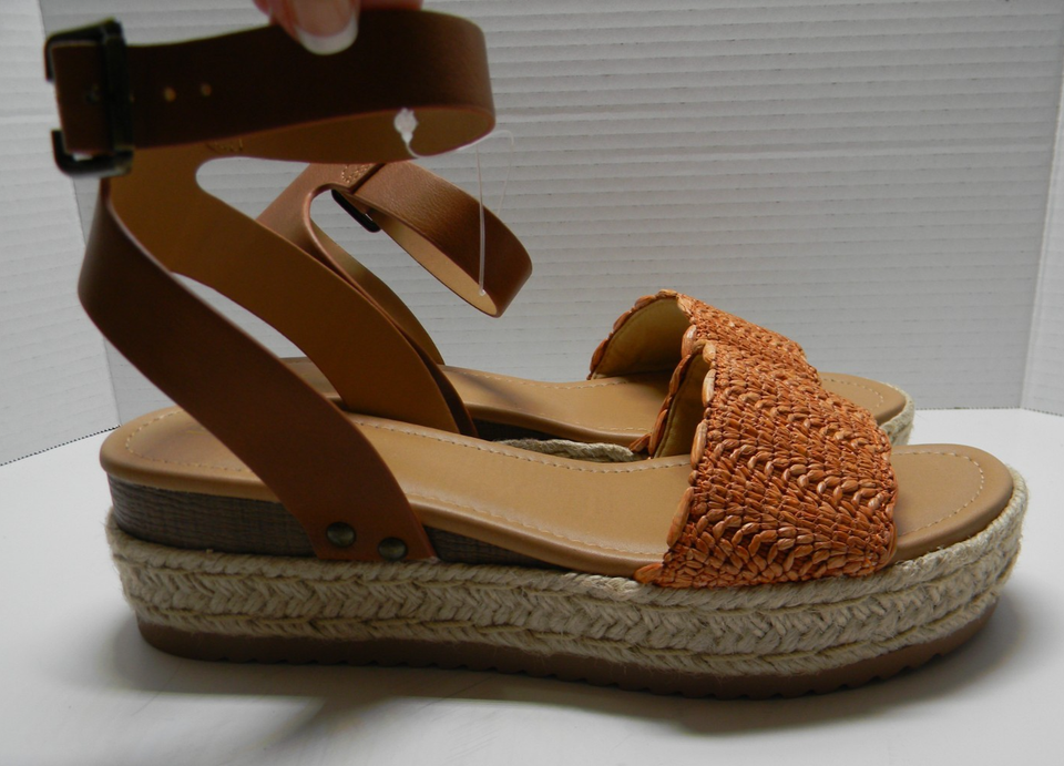 Soda Platform Sandal with Ankle Straps Buckle Raffia Wedge Sz 8.5 NWOT ...