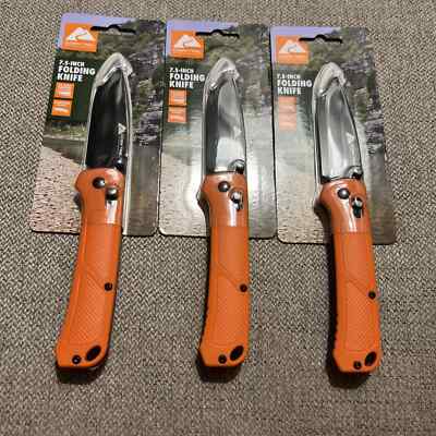 Lot of 3 Ozark Trail 7.5 inch Knives Slide Lock Folding Orange D2 Steel ...