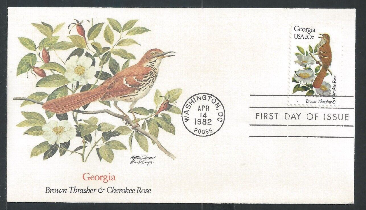 GEORGIA STATE BIRD & FLOWER 1982 THRASHER & ROSE FLEETWOOD CACHET FDC ...