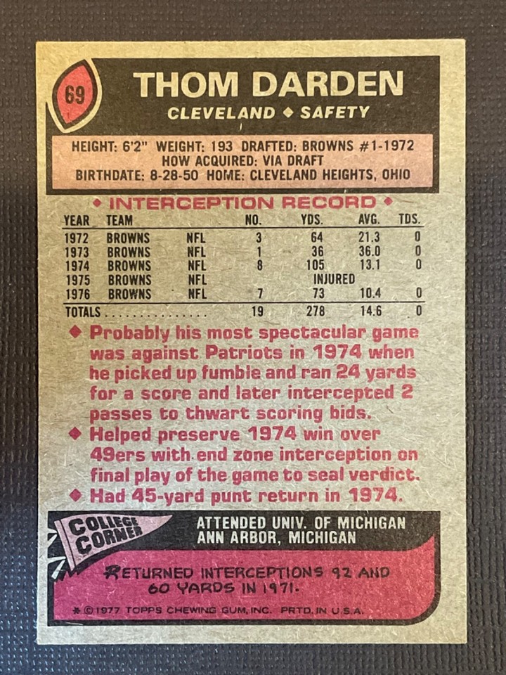 Thom Darden 1977 Topps Football Card #69 - Cleveland Browns Safety | eBay