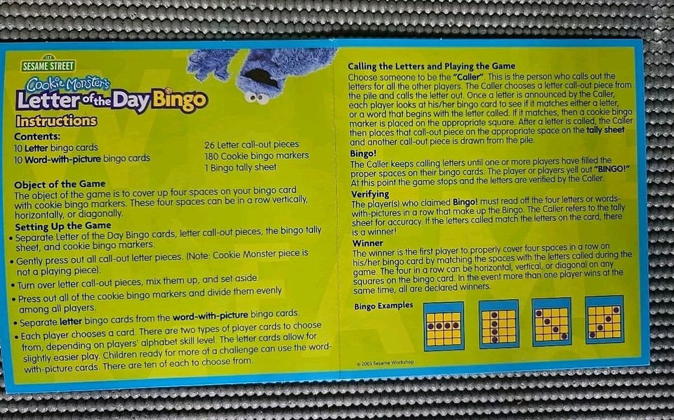 Sesame Street Pre-School Game Cookie Monster Letter Of The Day Bingo 4 ...