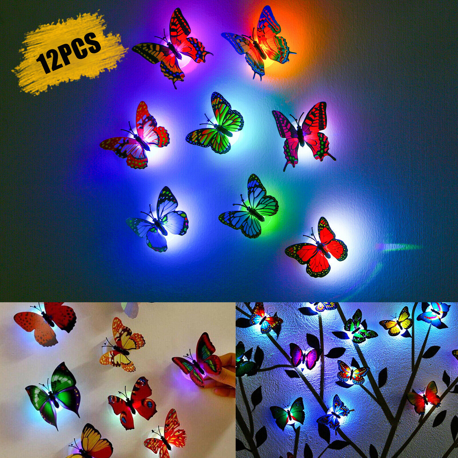 12pcs 3d Butterfly LED Wall Stickers Glowing Bedroom DIY Home Decor ...