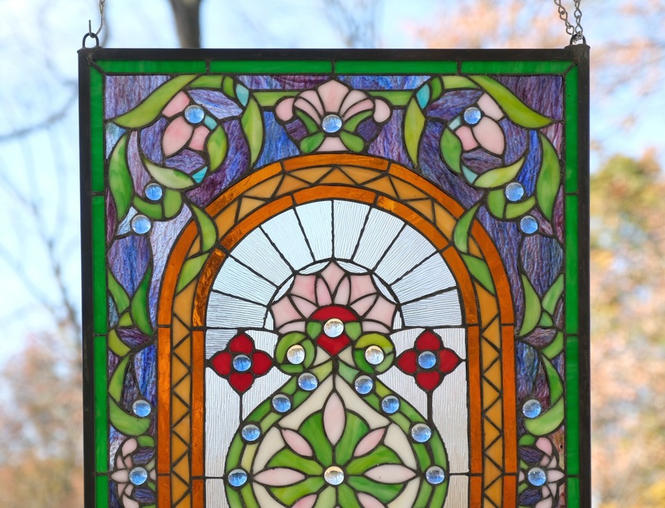20" x 34.25" Flower Tiffany Style stained glass window panel Jeweled ...
