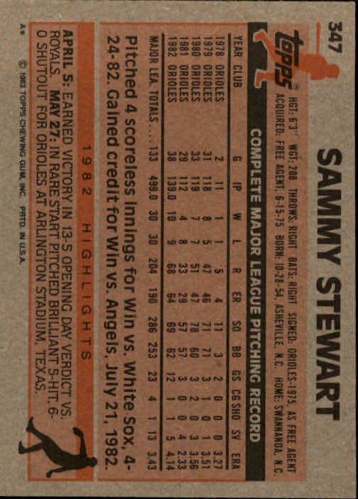 1983 Topps #347 Sammy Stewart | eBay